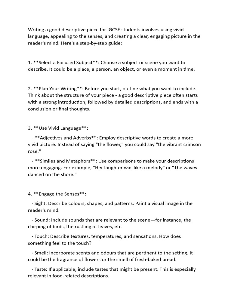 Descriptive Writing for IGCSE Students | PDF | Essays | Senses