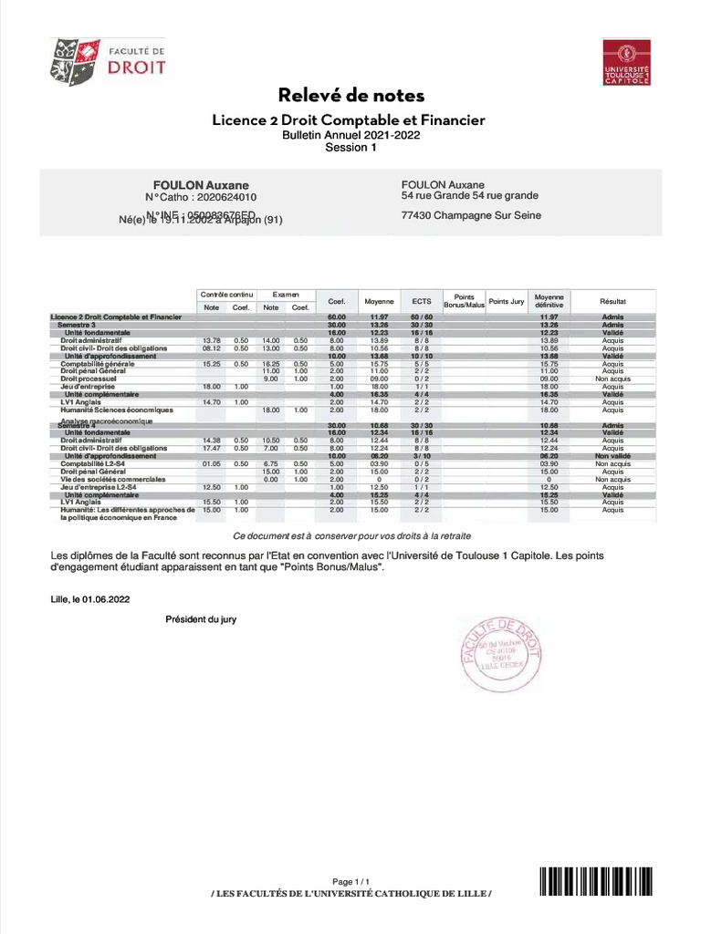 Bulletin de notes universitaire 2021-2022 | PDF