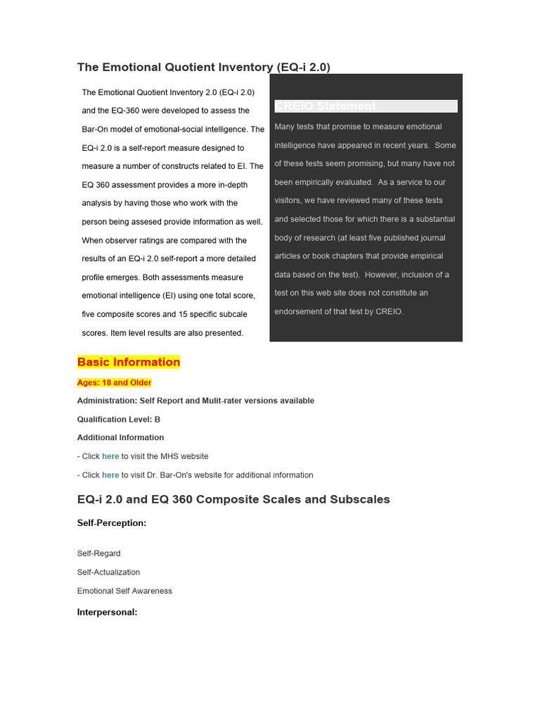 Overview of EQ-i 2.0 Assessment | PDF | Emotional Intelligence | Psychology