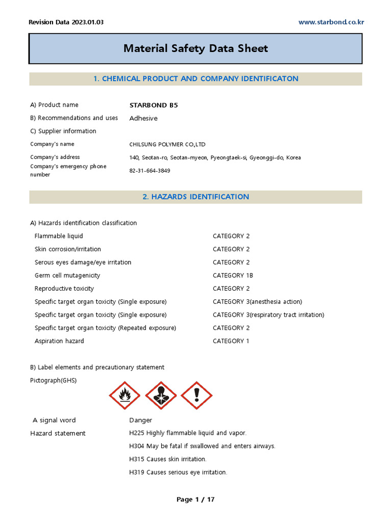 Starbond B5 MSDS (E) | PDF | Fires | Toxicity