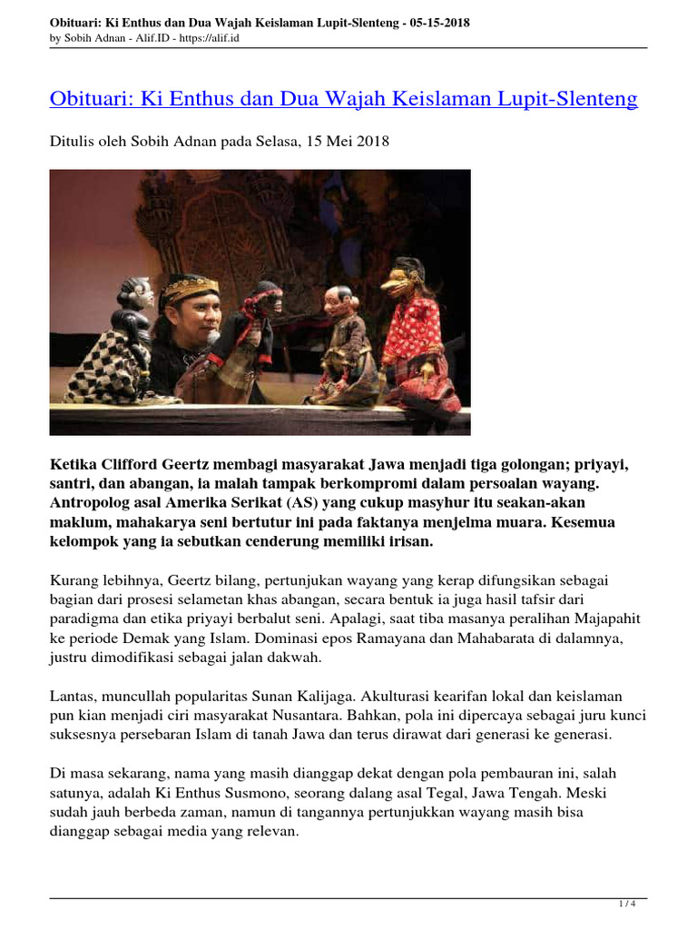 Obituari - Ki Enthus Dan Dua Wajah Keislaman Lupit-Slenteng | PDF ...