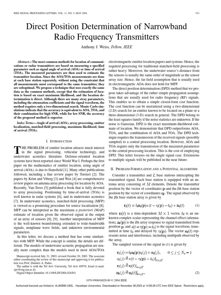 Direct Position Determination of Narrowband Radio Frequency Transmitters | PDF | Eigenvalues And ...