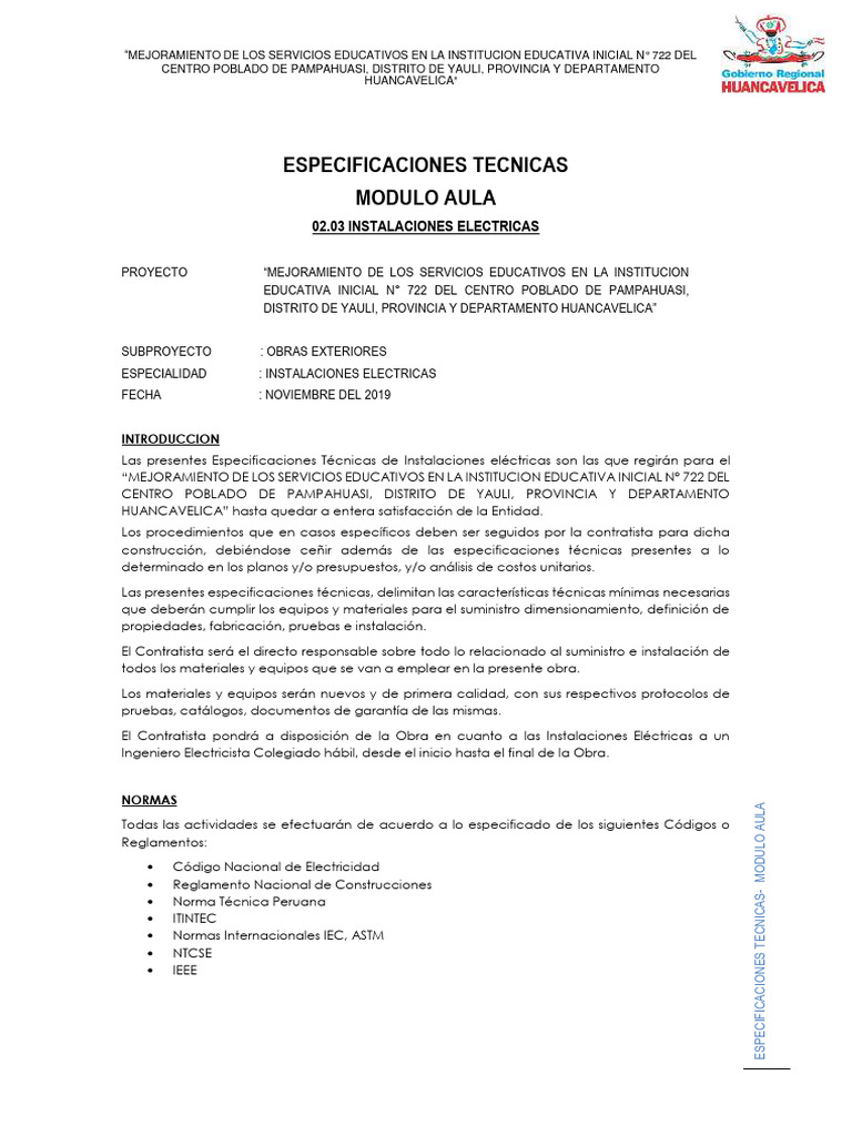 02.03 Especificaciones Tecnicas Electricas Aula | Descargar gratis PDF | Conductor electrico ...