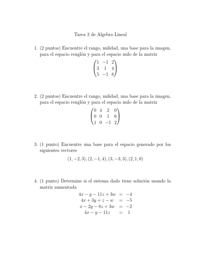 Tarea 3 Rango, Nulidad, Espacio Renglon y Espacio Columna | PDF ...