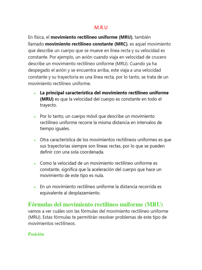 Fórmulas Del Movimiento Rectilíneo Uniforme (MRU) | PDF | Velocidad ...