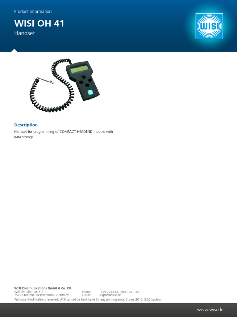 WISI OH 41 Handset Specifications | PDF