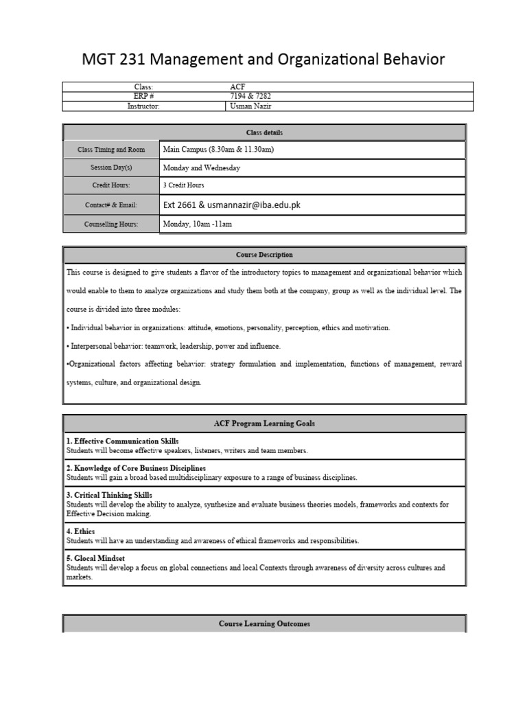 UsmanNazir MOB CourseOutline A2023 | PDF | Learning | Attitude (Psychology)