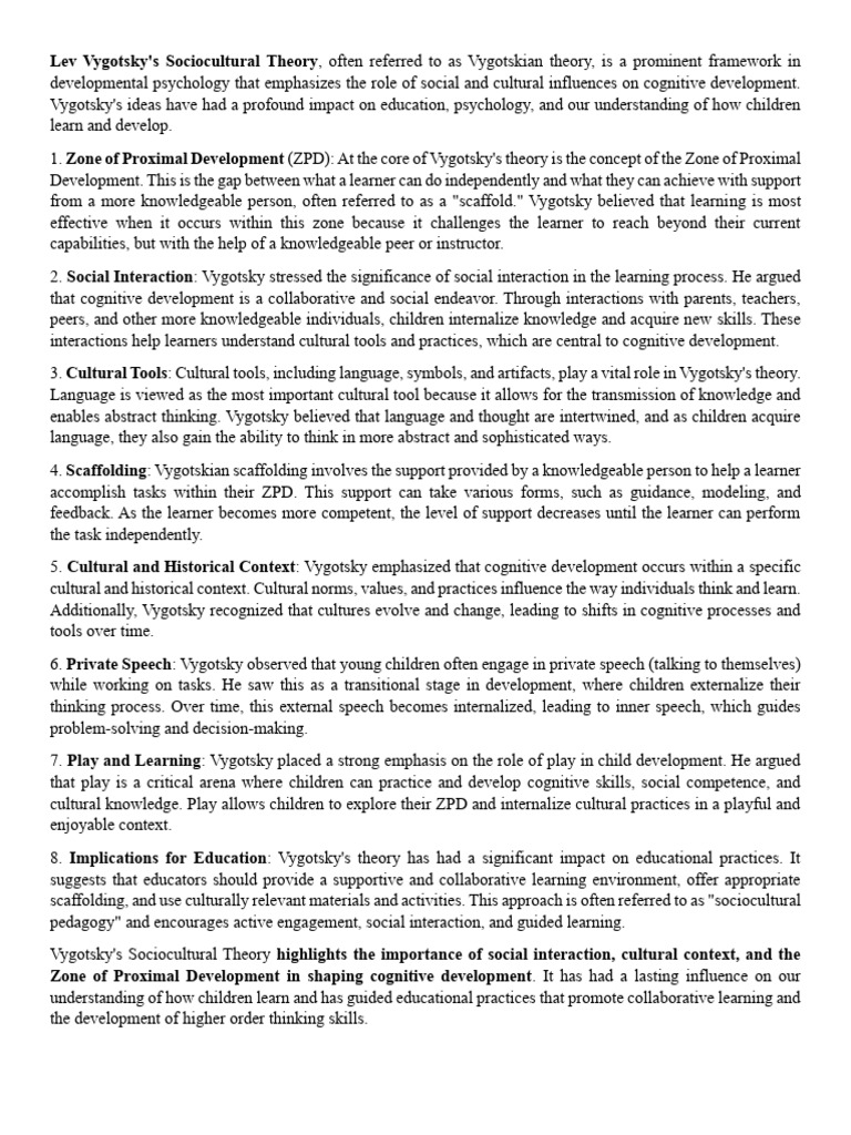 Lev Vygotskys Sociocultural Theory | PDF | Education Theory | Cognition