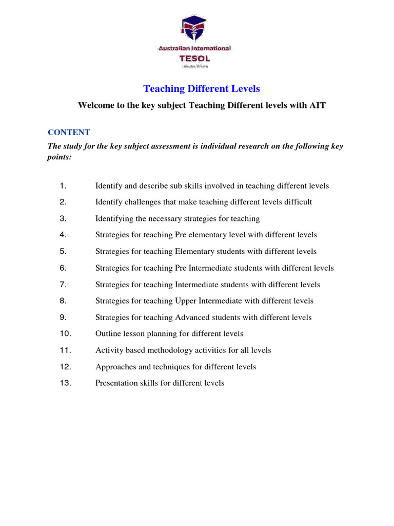 Teaching Different Levels | PDF | Lesson Plan | English As A Second Or Foreign Language