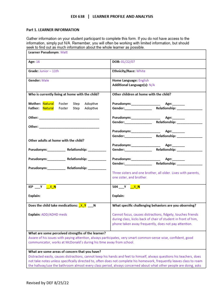 Case Study Student Profile | PDF | Classroom | Learning
