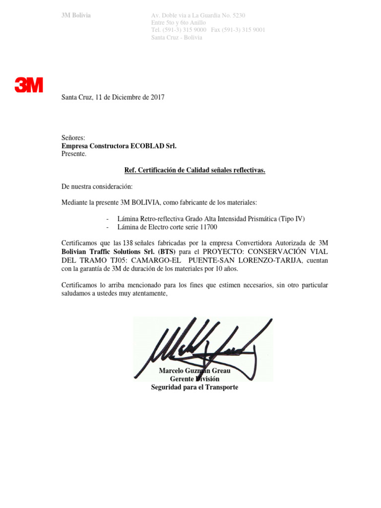 Certificado de Calidad Letreros | PDF