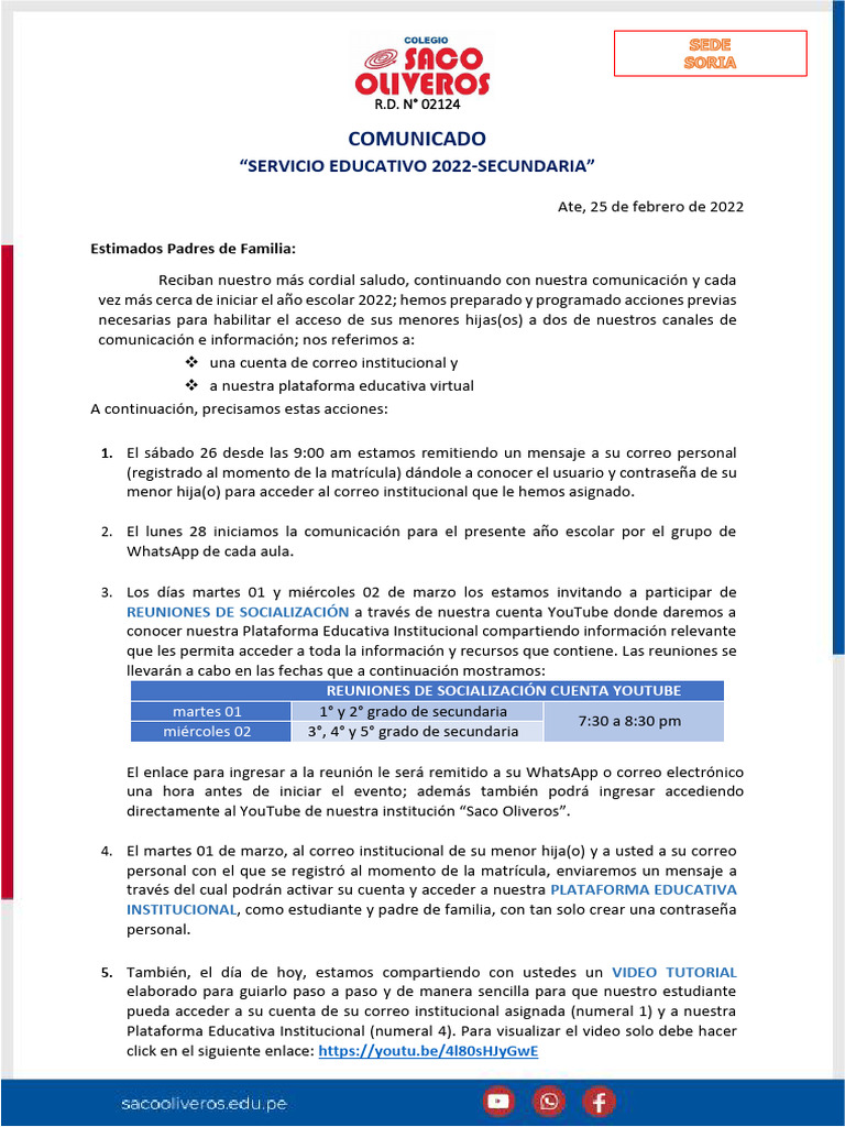 Comunicado N°005 - PPFF Secundaria - Servicio Plataforma Con Diseño 2022 | PDF | Youtube