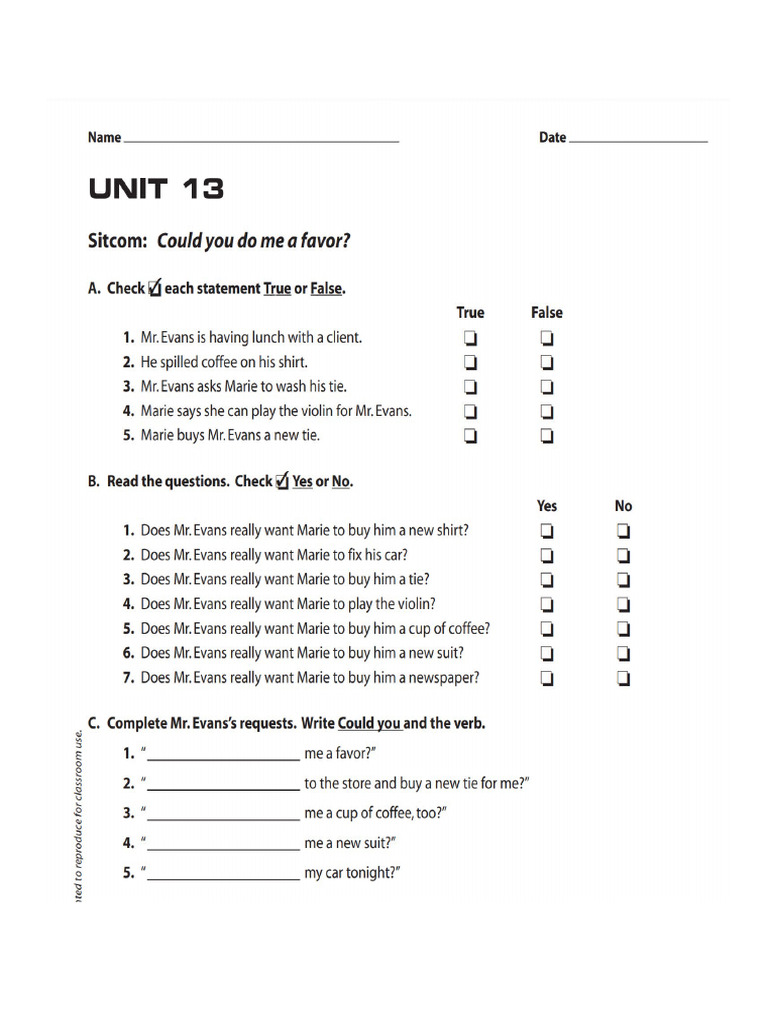 Unit 13 Sitcom Worksheet | PDF