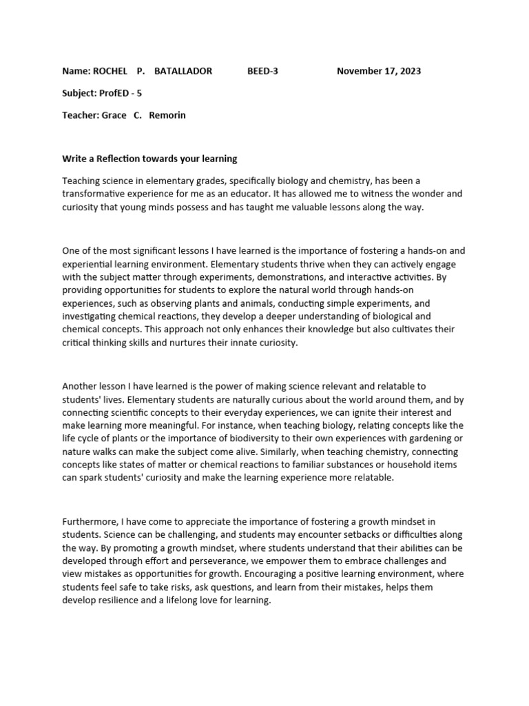 Science Reflection | PDF | Learning | Experience