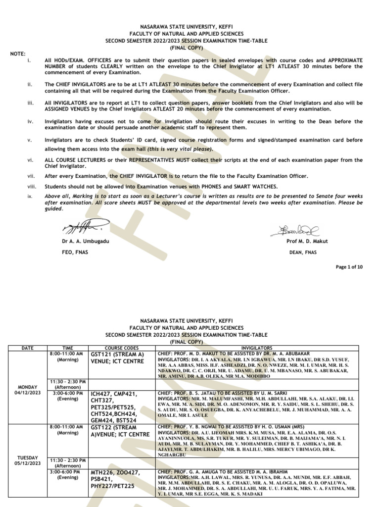 FNAS Exam Schedule 2022/2023 | PDF