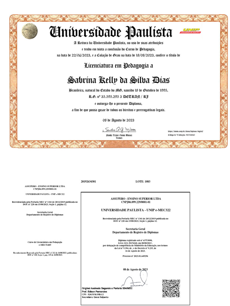 Diploma - Pedagogia - Sabrina Kelly Da Silva Dias | PDF