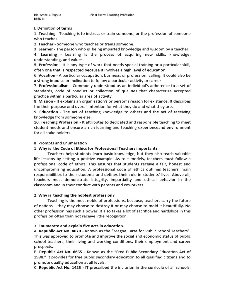 Final Exam - Teaching Profession | PDF | Teachers | Profession