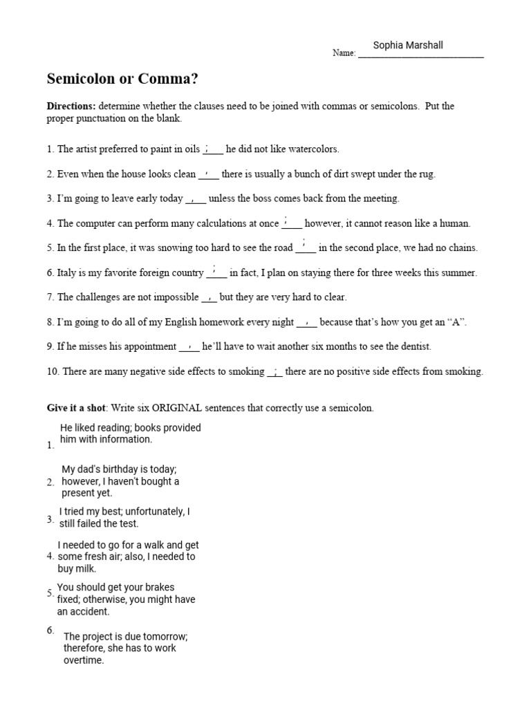 Semicolons or Commas Worksheet | PDF