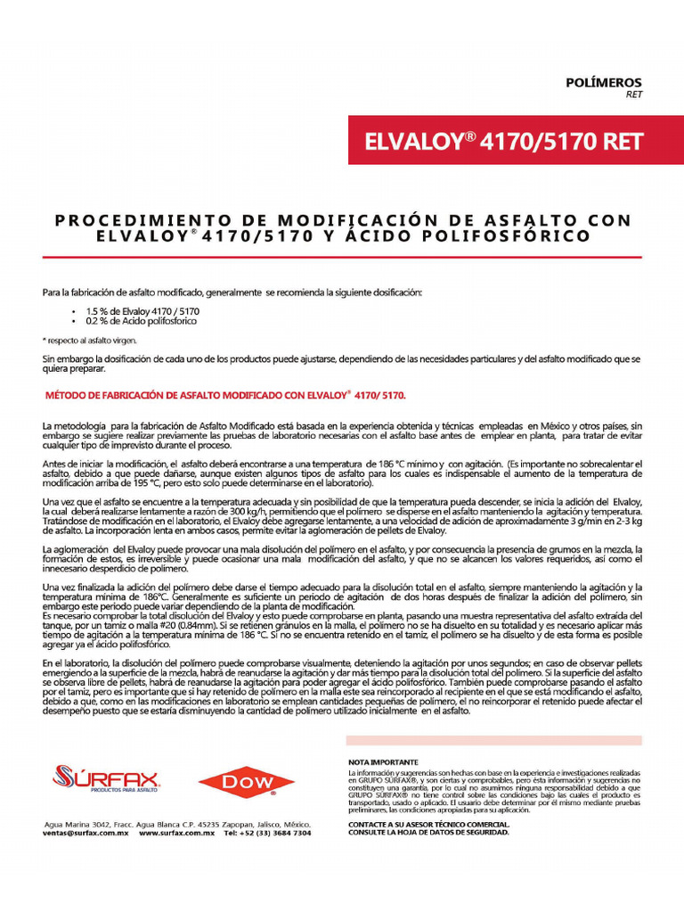 Procedimiento de Modificacion de Asfalto Con Elvaloy 4170 y Acido ...