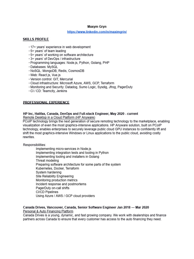 Maxym Gryn CV | PDF | Cloud Computing | My Sql