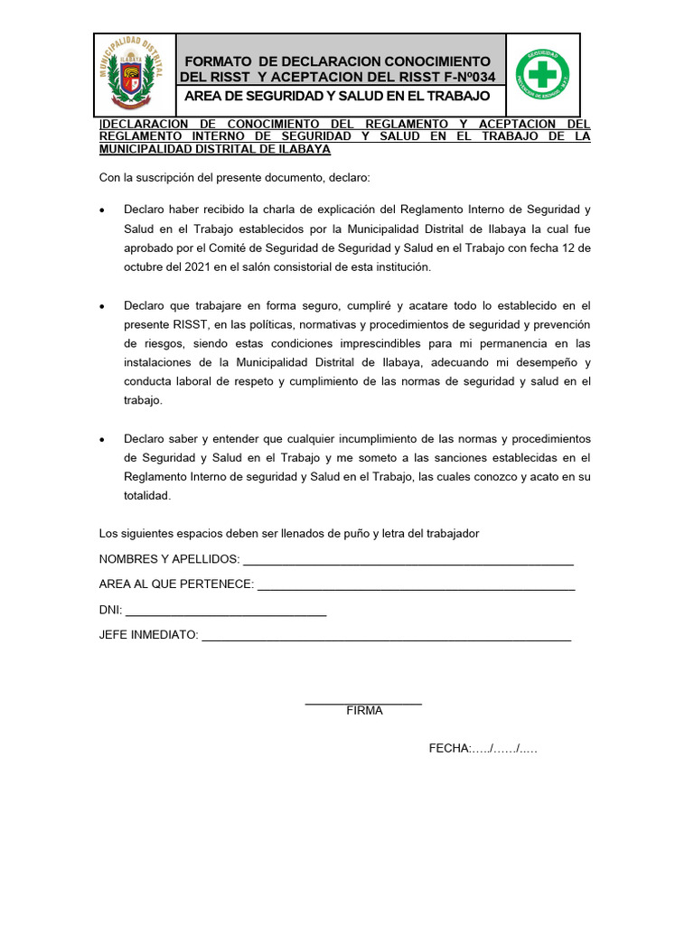 F-Nº034 Formato Aceptacion y Declaracion de Conocimiento Risst | PDF