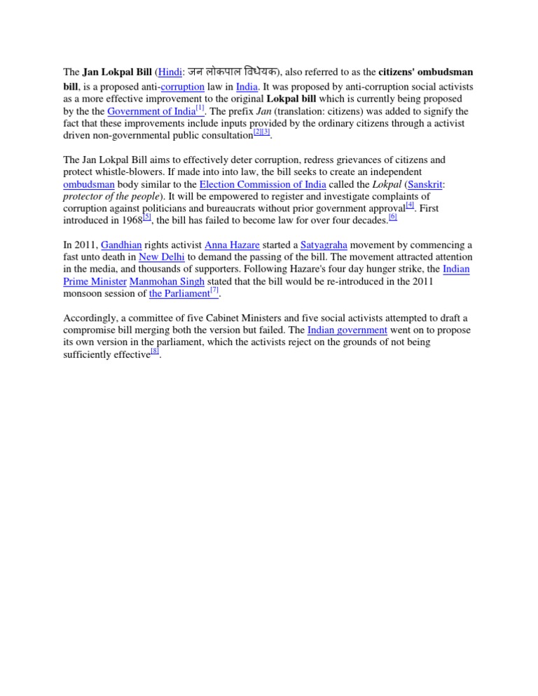 Jan Lokpal Bill: India's Anti-Corruption Law | PDF