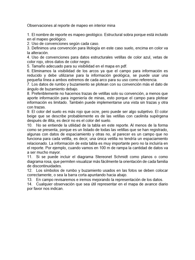 Observaciones Al Reporte de Mapeo en Interior Mina | PDF