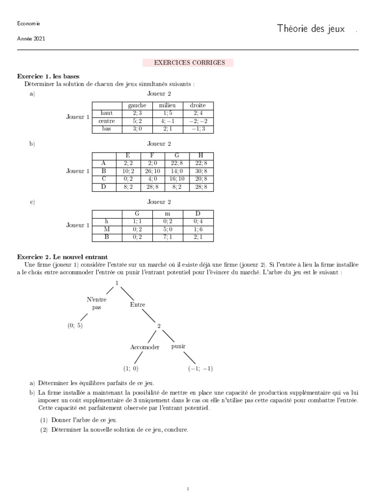Exercices corrigés de théorie des jeux | PDF | Théorie des jeux ...