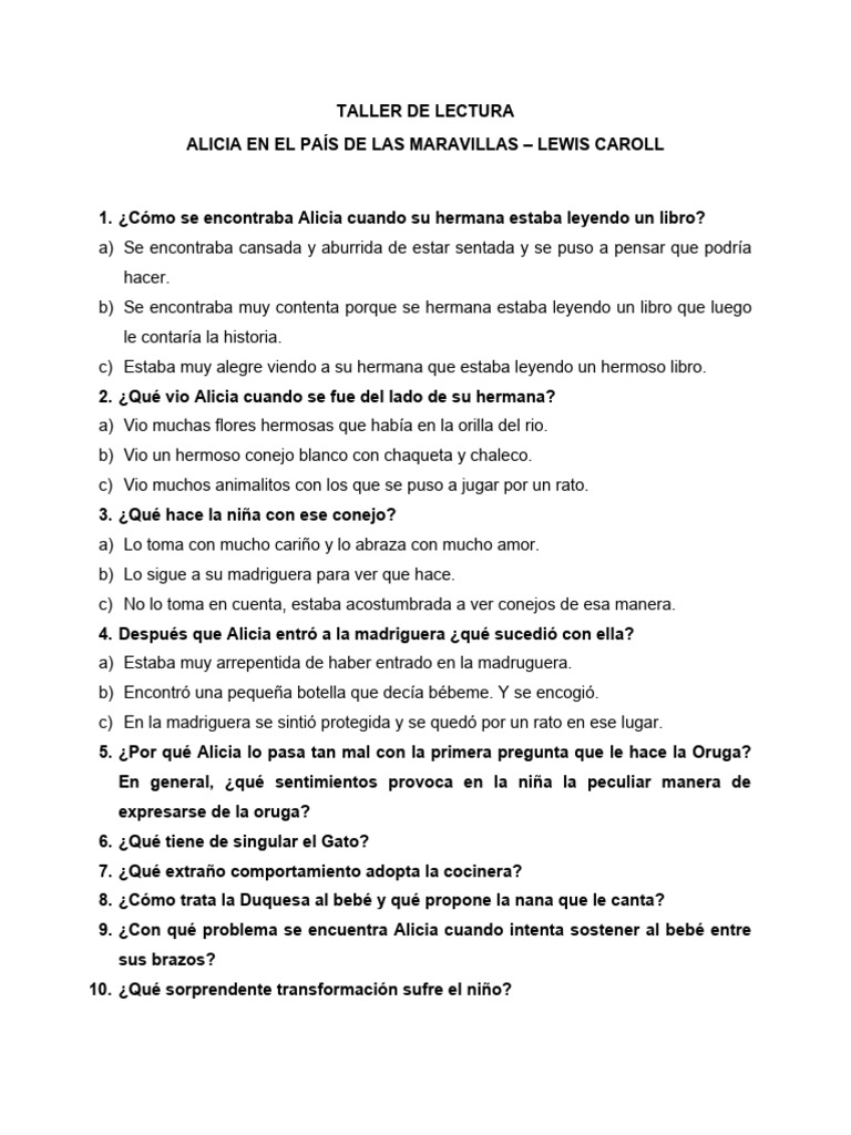 Taller de Lectura - Alicia en El País de Las Maravillas | PDF | Las ...