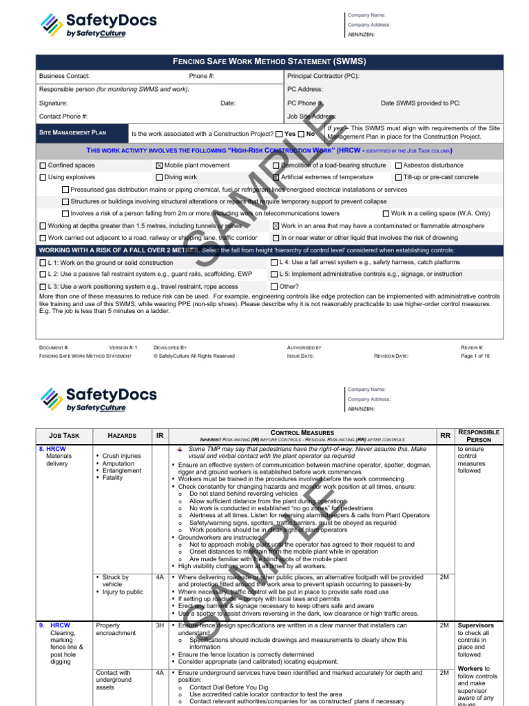 Fencing Safe Work Method Statement-SAMPLE | PDF | Traffic | Safety