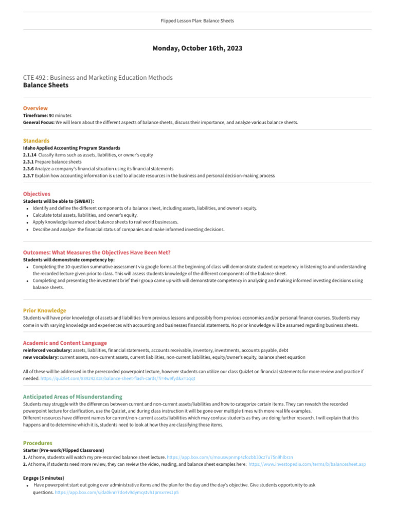 Flipped Lesson Plan Balance Sheets | PDF | Balance Sheet | Equity (Finance)