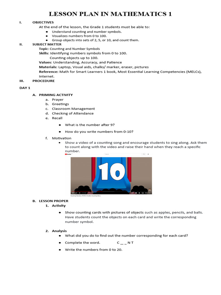 Grade 1 Math Lesson Plan: Week 1 | PDF | Learning | Mathematics