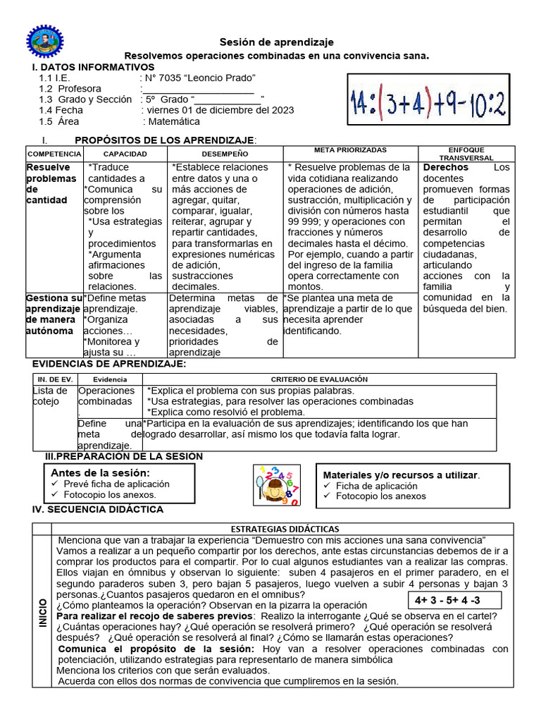 01 12 Operaciones Combinadas Matematica Pdf Aprendizaje Evaluación