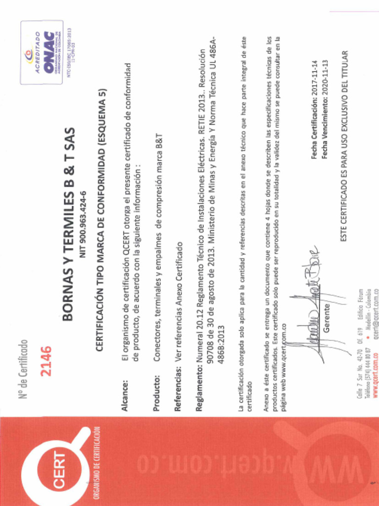 Certificado RETIE B & T 2146 | PDF