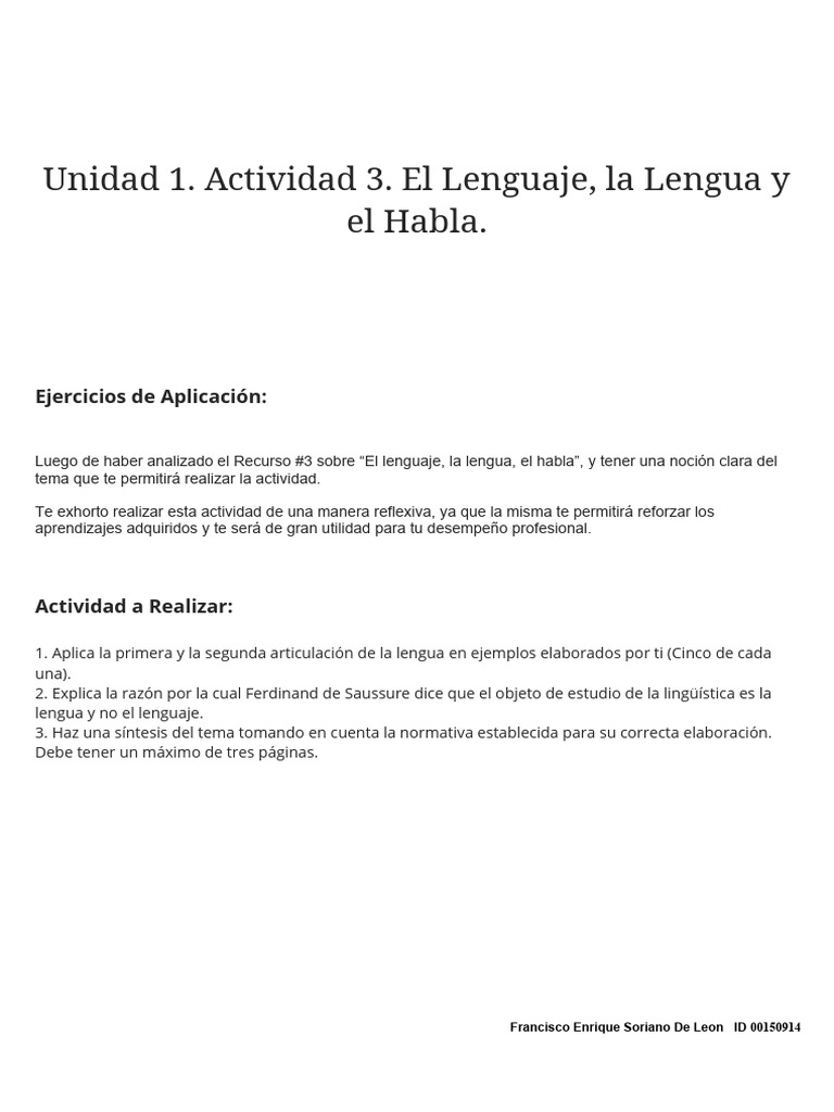 Medina Carlos Unidad 1 Actividad 3 El Lenguaje La Lengua y El Habla ...