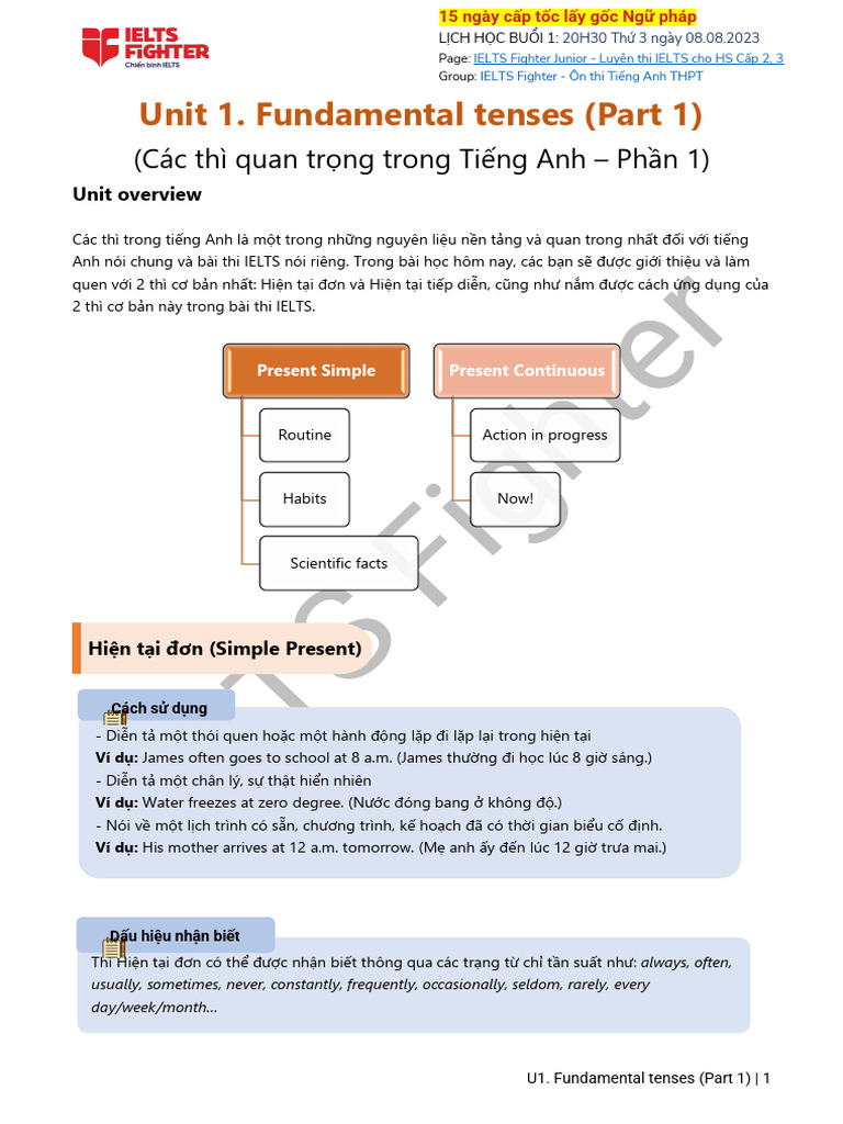 15ngaynguphap. Handout và Bài tập - U1 Fundamental tenses | PDF