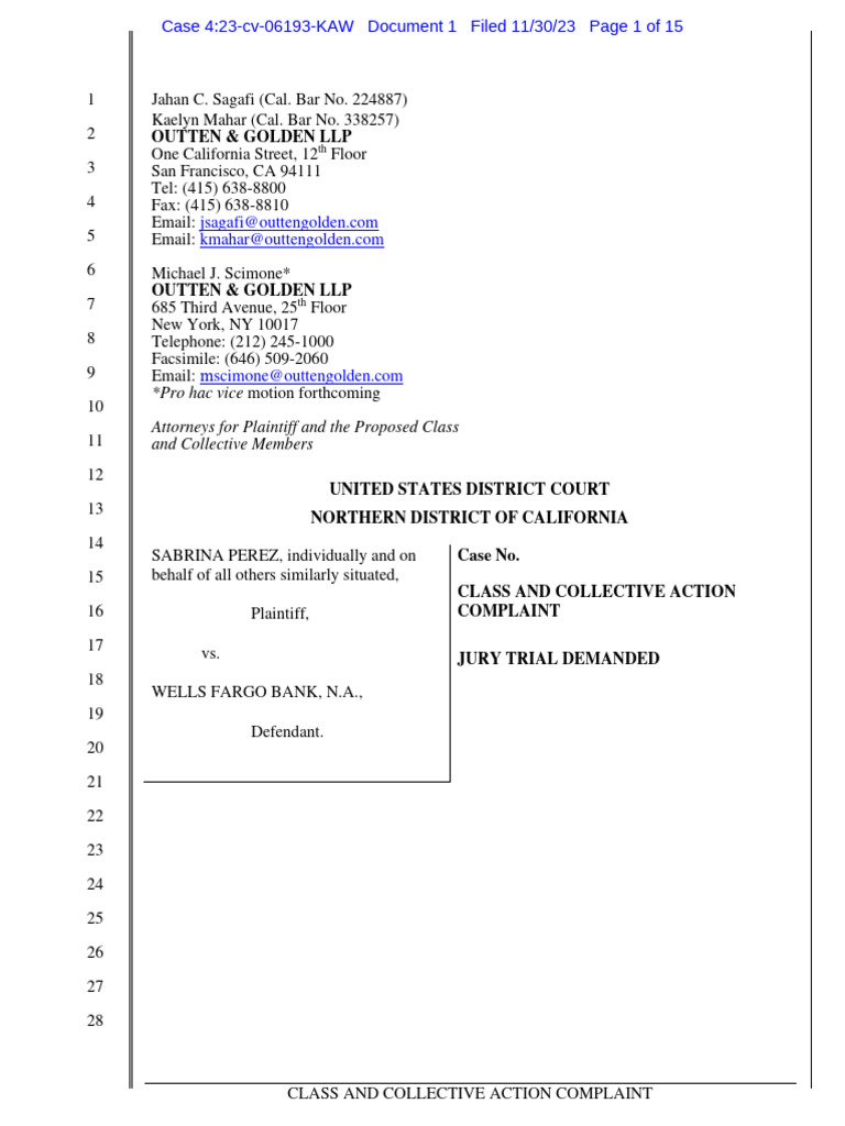 Complaint Filed by Sabrina Perez Against Wells Fargo | PDF | Overtime | Legal Remedy