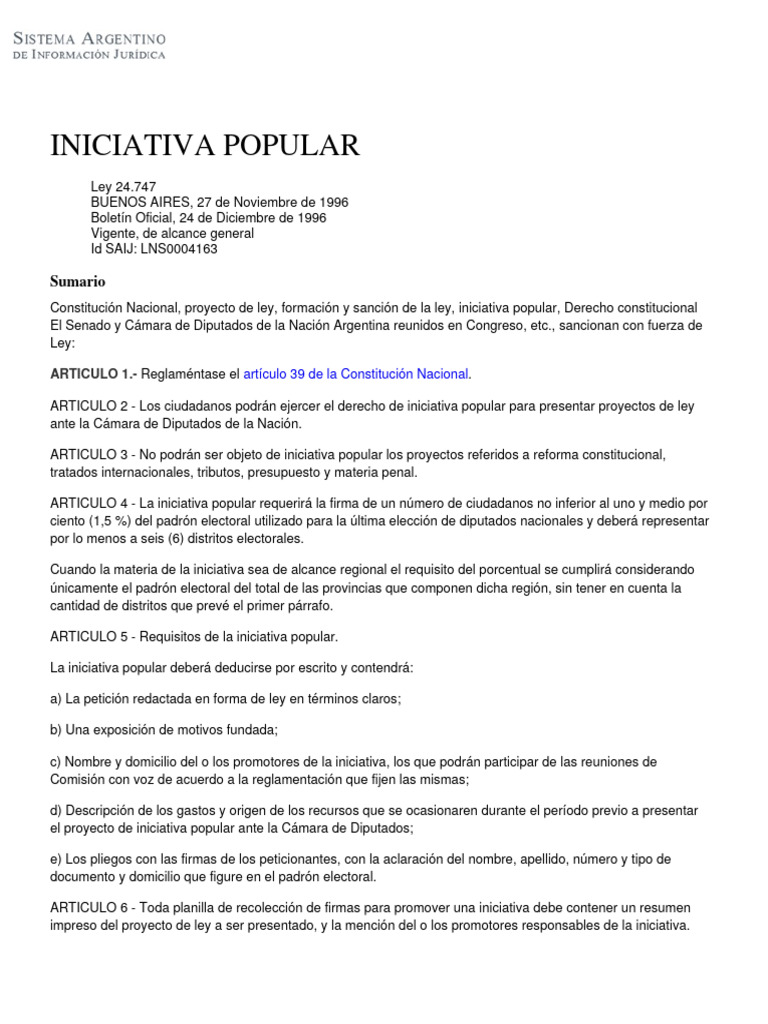 Ley 24747 Iniciativa Popular | PDF | Iniciativa | Gobierno