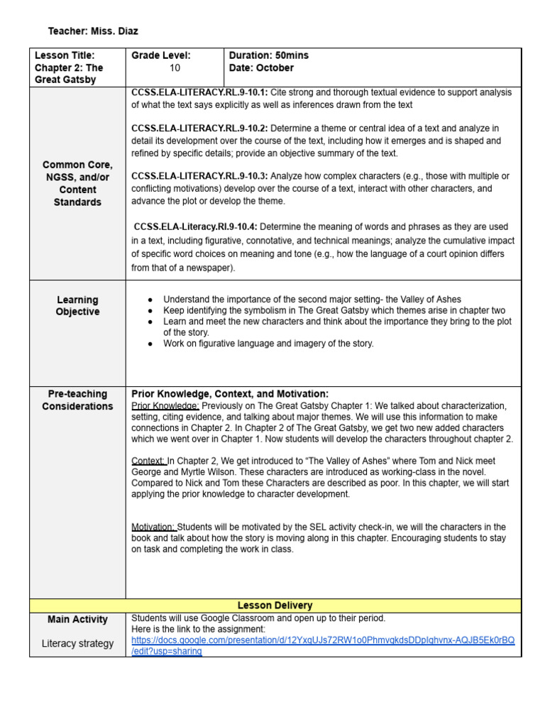 Great Gatsby Lesson Plan | PDF | Learning | The Great Gatsby