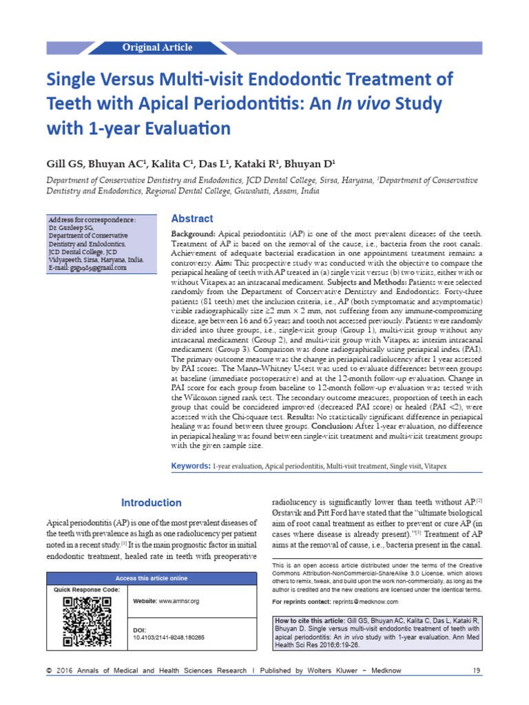 Single Versus Multi Visit Endodontic Treatment of | PDF | Dentistry ...