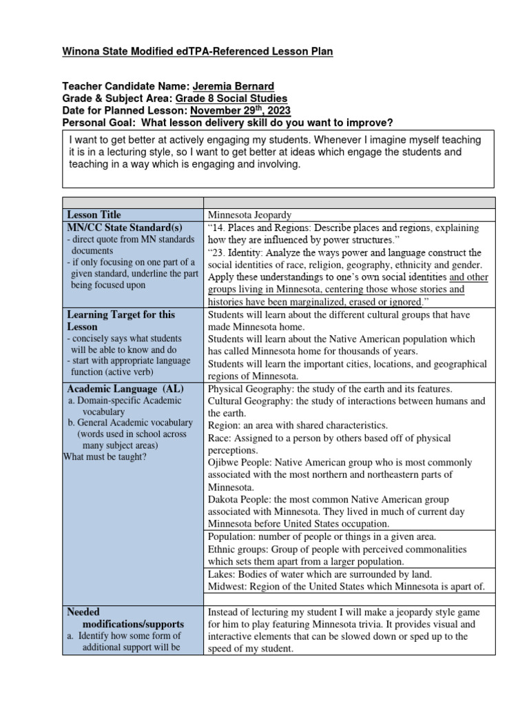 Edfd 460 461 Modified Edtpa Lesson Plan Template1 | PDF | Geography ...