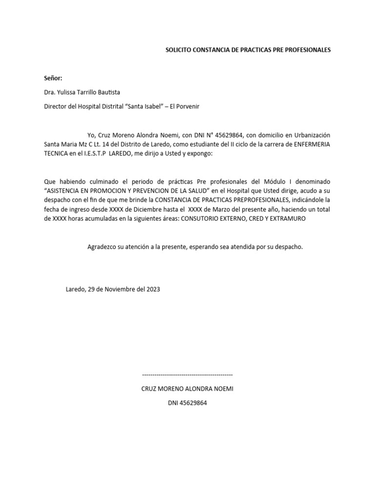 Solicito Constancia de Practicas Pre Profesionales Modulo 1 | PDF