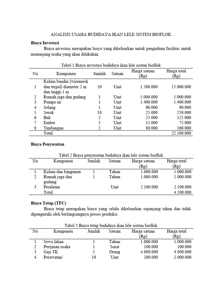 ANALISIS USAHA BUDIDAYA IKAN LELE SISTEM BIOFLOK (Revisi Dulu) | PDF