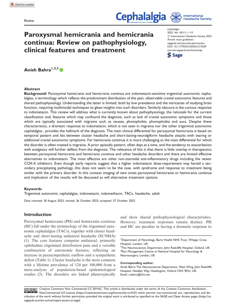 Paroxysmal Hemicrania Review: Pathophysiology and Treatment | PDF ...