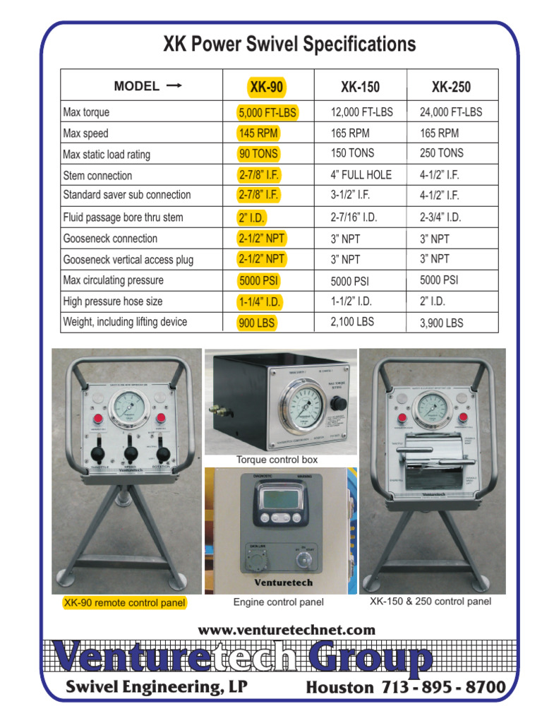 Venturetech XK 90 Power Swivel Spec Sheet | PDF | Technology & Engineering