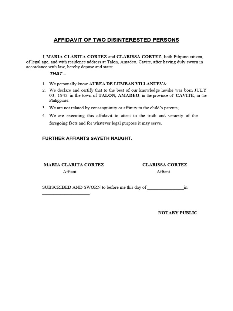 Affidavit of Two Disinterested Persons Idio | Download Free PDF ...
