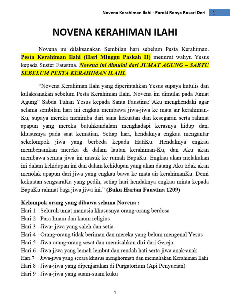 Doa Novena Kerahiman Ilahi Paroki Deri | PDF