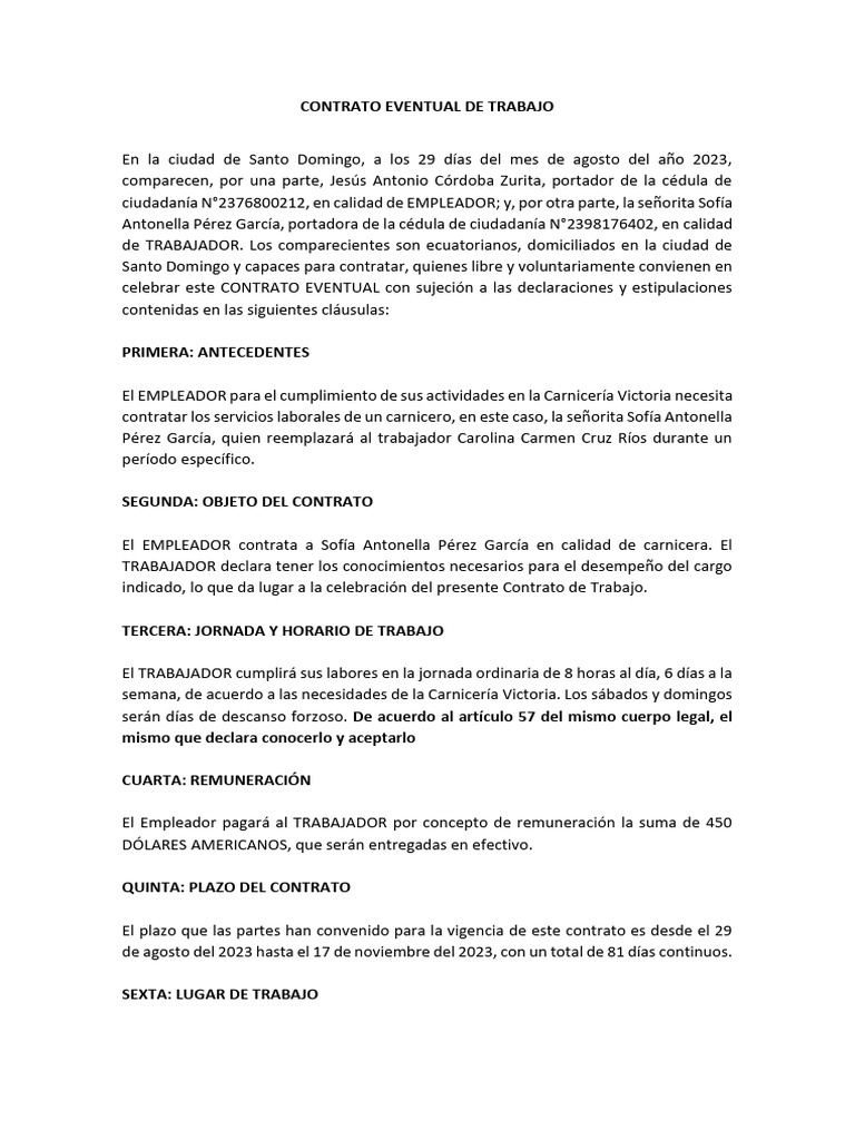 Contrato Eventual de Trabajo Final | PDF | Derecho laboral | Gobierno