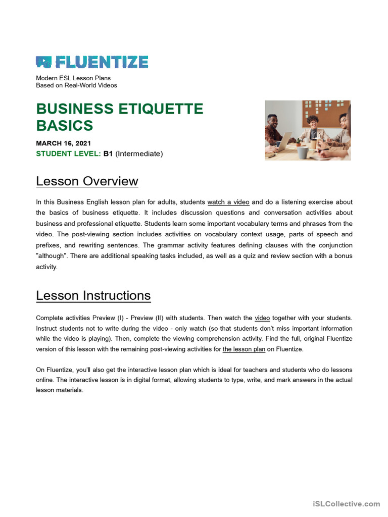 Business Basics Etiquette - ESL Lesson Plan | PDF | Lesson Plan ...