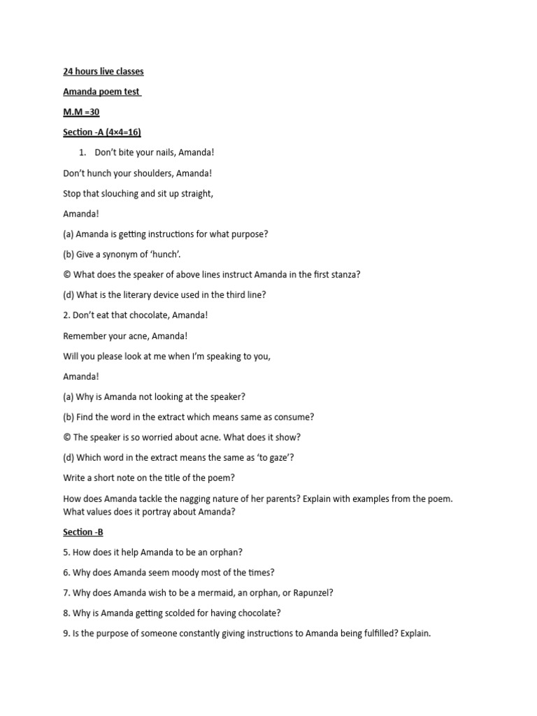 24 Hours Live Classes Amanda Poem Test M.M 30 Section - A (4×4 16) | PDF
